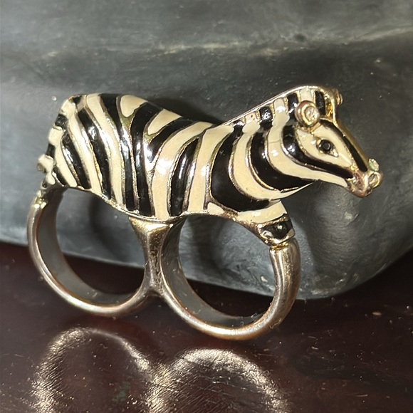 Jewelry | Zebra Horse Silver Tone Metal White Stones Double Two Finger ...